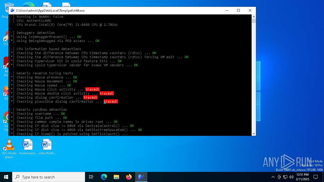 Analysis Pafish64.exe (md5: 4b6229d1b32d7346cf4c8312a8bc7925) Malicious