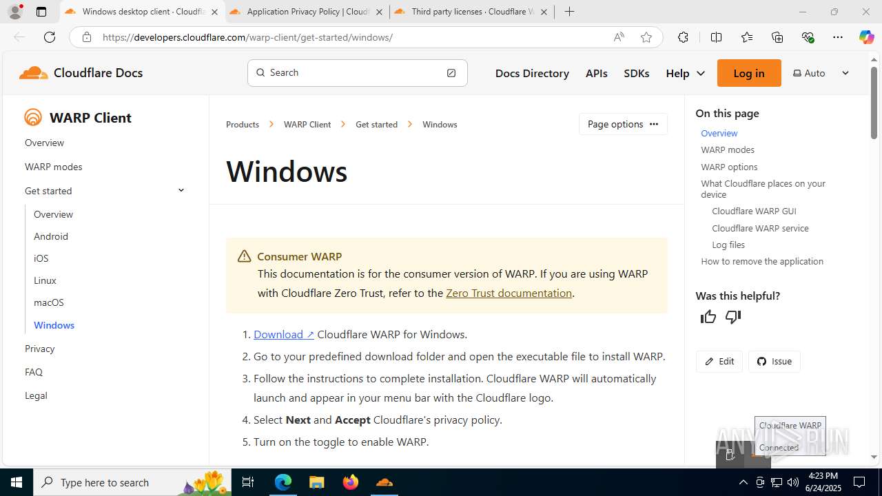 Malware analysis https://developers.cloudflare.com/warp-client/get-started/windows/ Malicious ...
