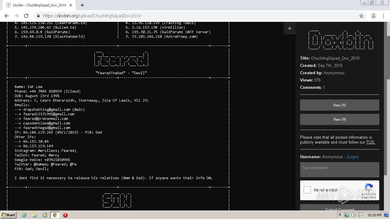 Malware analysis https://doxbin.org/upload/ChucklingSquadDox2019 ...
