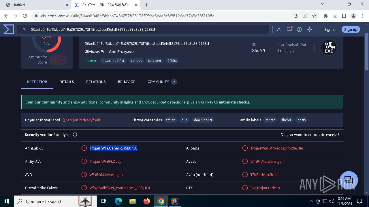 Analysis https://silviozas.com/images/proxy/Silviozas%20Premium%20Proxy%20V3.85995.exe Malicious ...