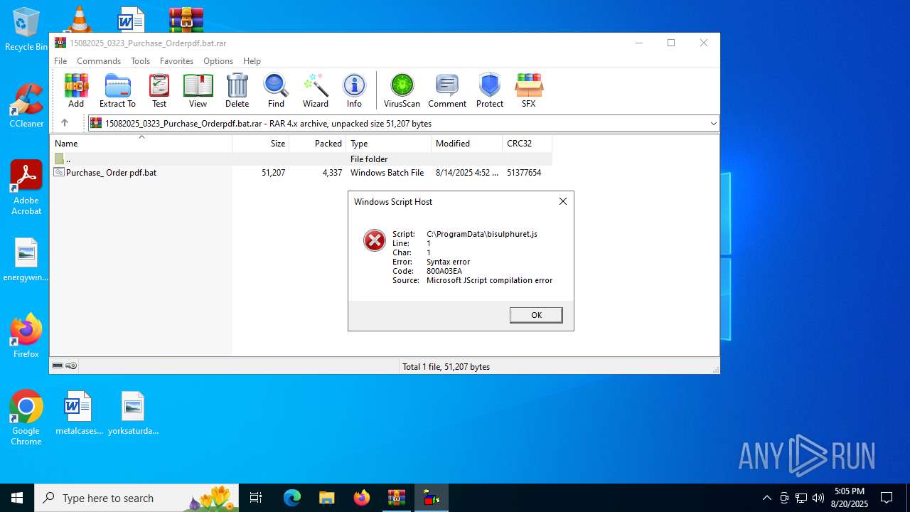 Malware analysis 15082025_0323_Purchase_Orderpdf.bat.rar Malicious ...