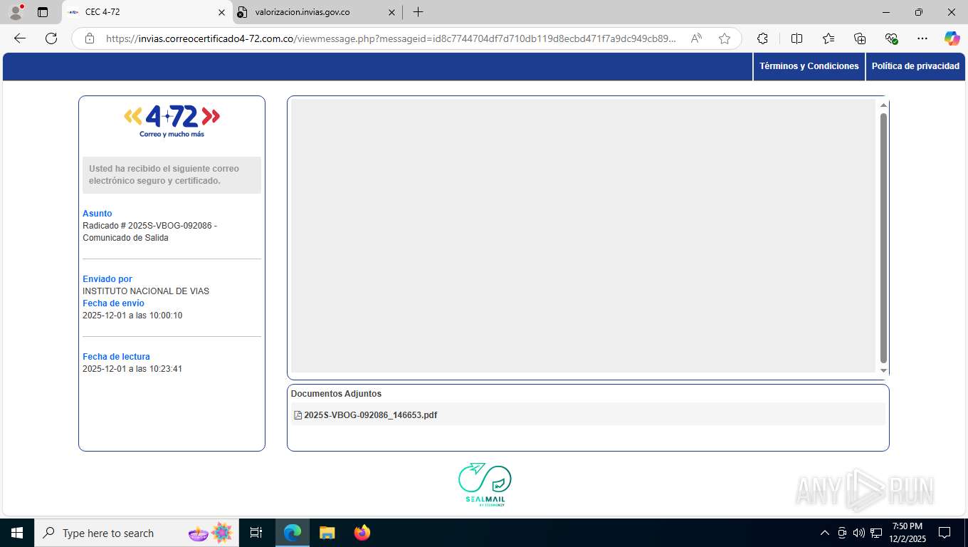 Malware analysis https://invias.correocertificado4-72.com.co ...