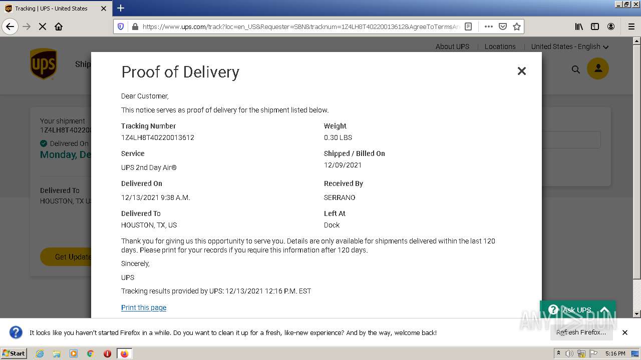 Malware analysis https://www.ups.com/track?loc=en_US&Requester=SBN&tracknum=1Z4LH8T40220013612 ...