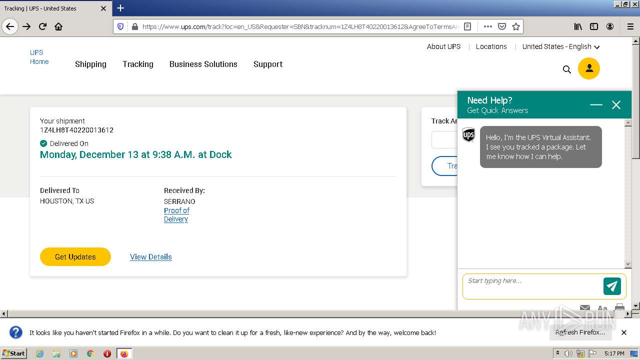 Malware analysis https://www.ups.com/track?loc=en_US&Requester=SBN&tracknum=1Z4LH8T40220013612 ...