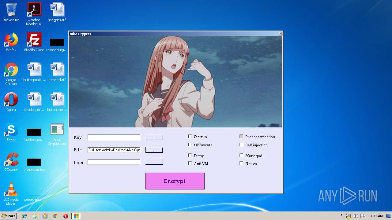 Analysis Aika Crypter.exe (MD5: 5D5B9236756CA87D501E335FFDE85B3C) No threats detected ...