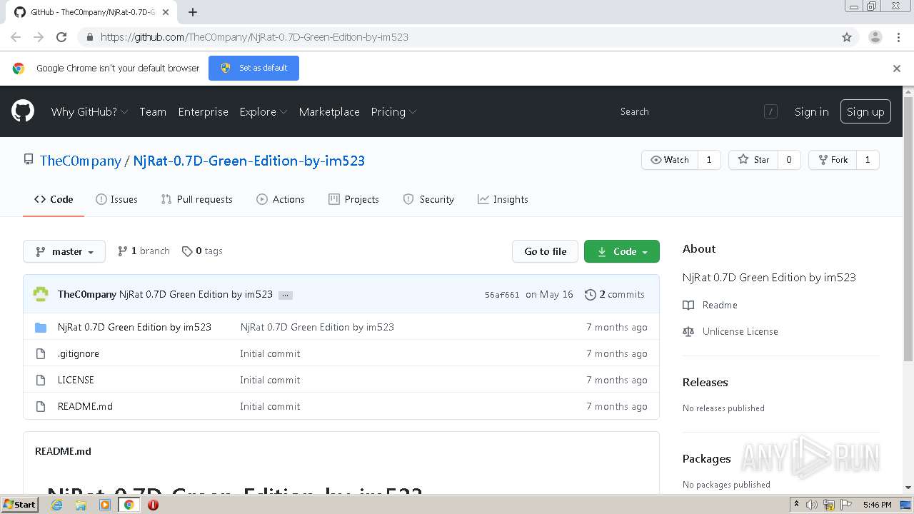 Malware analysis https://github.com/TheC0mpany/NjRat-0.7D-Green-Edition ...