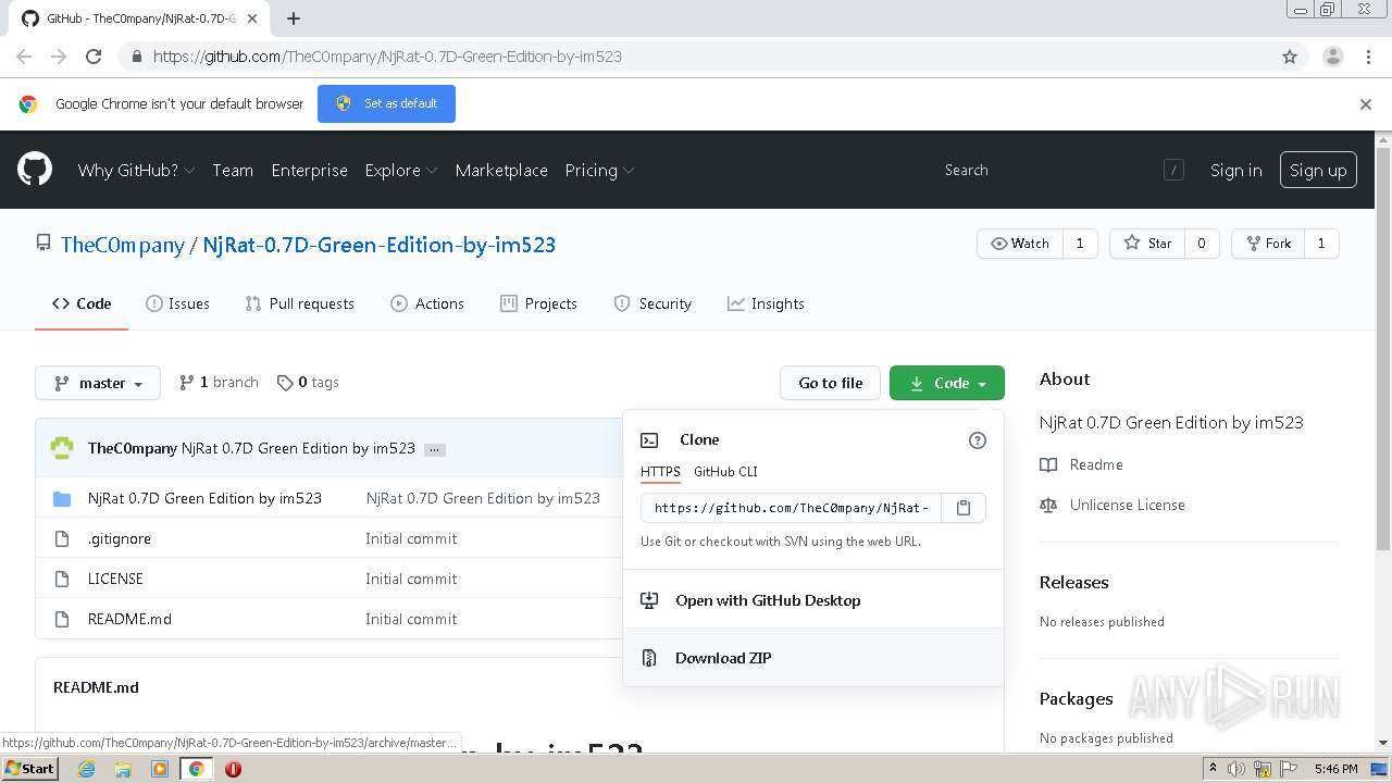 Malware analysis https://github.com/TheC0mpany/NjRat-0.7D-Green-Edition-by-im523 Malicious ...