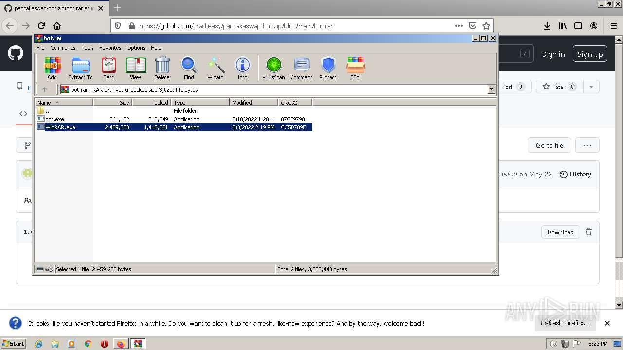 Analysis https://github.com/crackeasy/pancakeswap-bot.zip/blob/main/bot.rar Malicious activity ...
