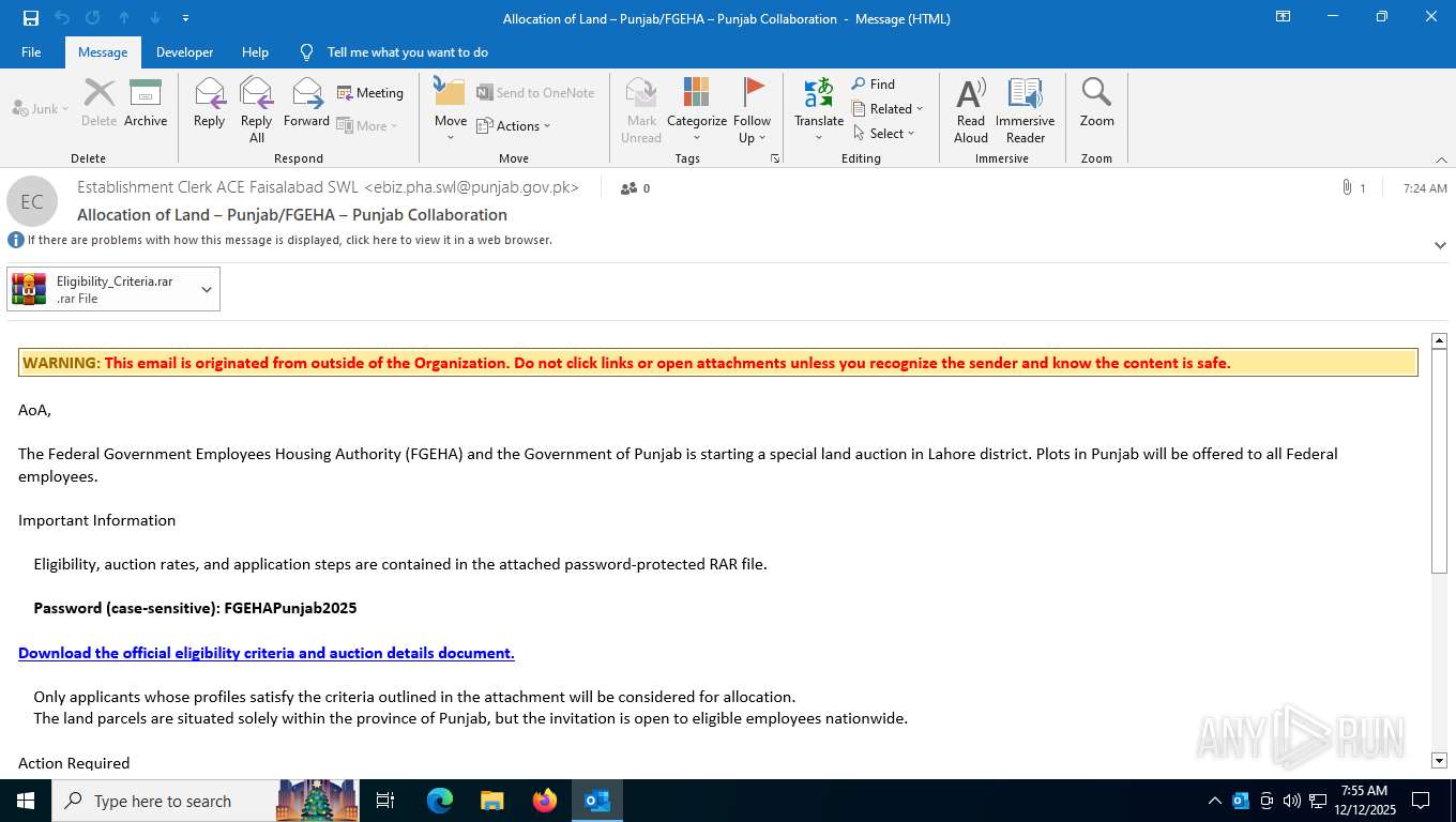 Malware analysis Allocation of Land PunjabFGEHA Punjab Collaboration.msg Malicious activity ...