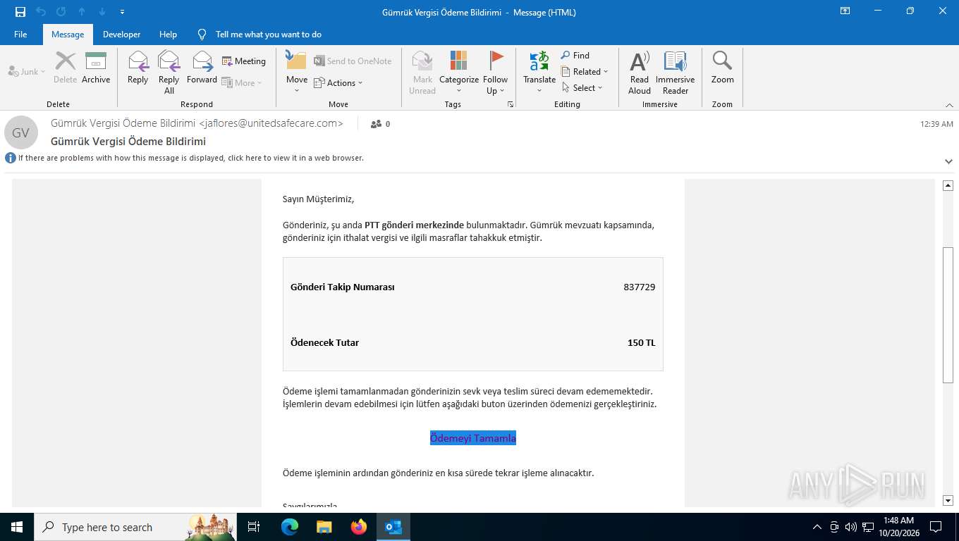 Malware analysis Gümrük Vergisi Ödeme Bildirimi.msg Suspicious activity ...