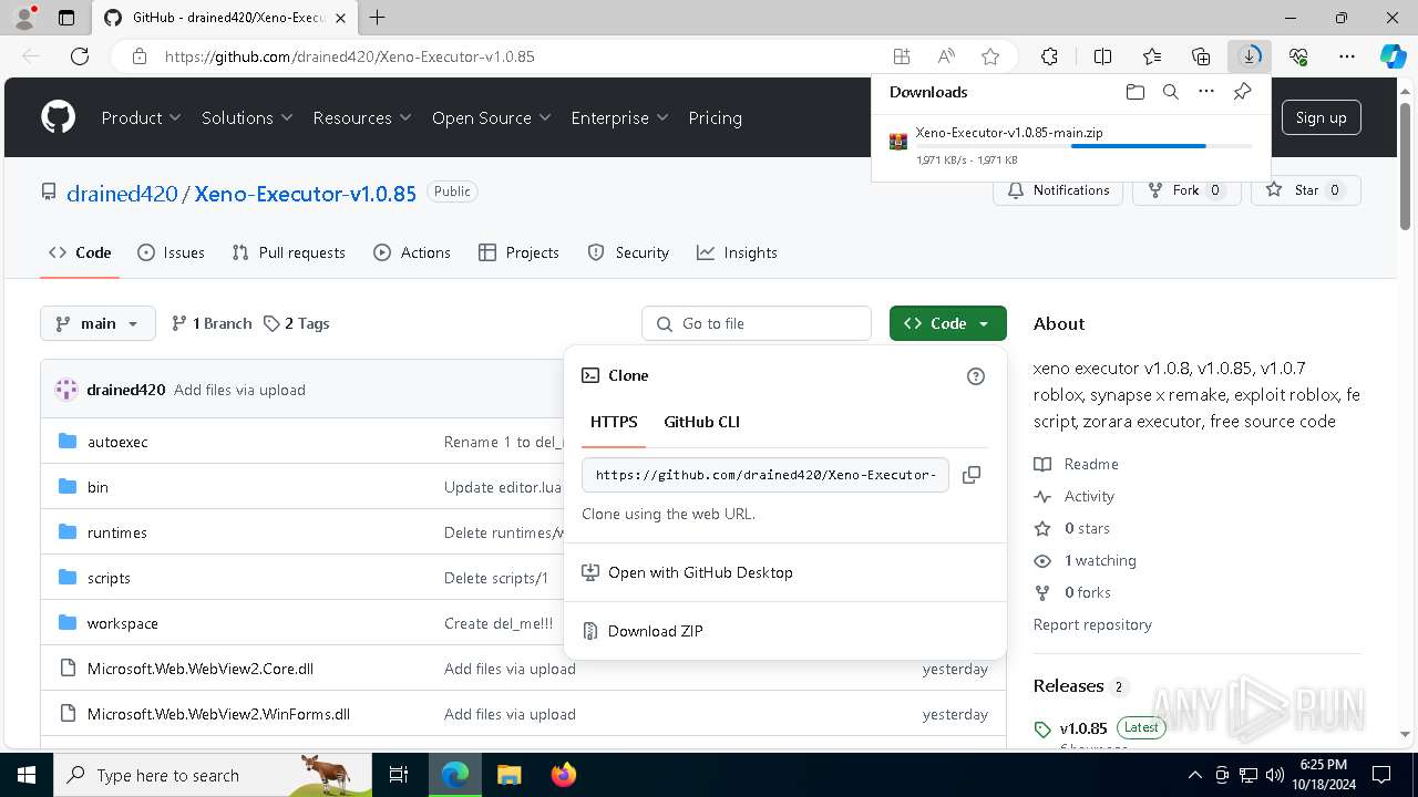 Malware analysis https://github.com/drained420/Xeno-Executor-v1.0.85 ...