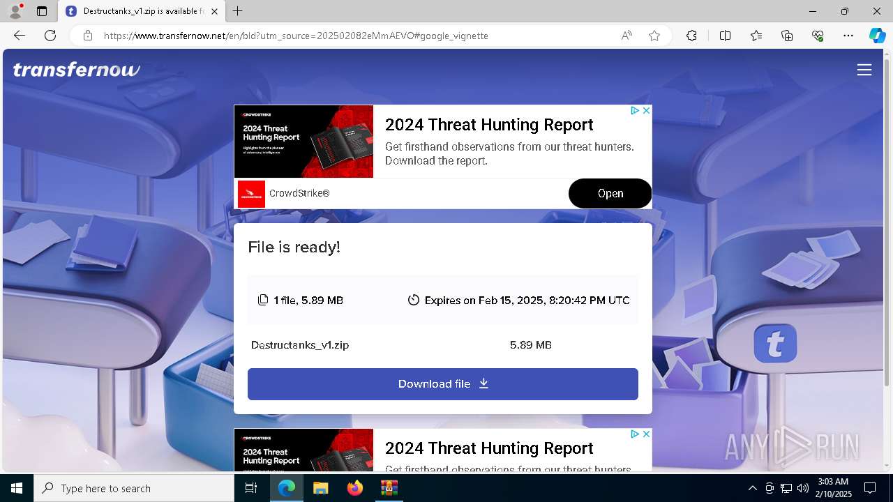 Analysis https://www.transfernow.net/en/bld?utm_source=202502082eMmAEVO Malicious activity ...