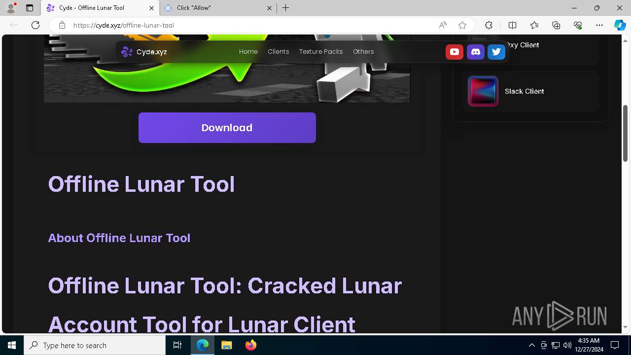 Malware analysis https://cyde.xyz/offline-lunar-tool Malicious activity | ANY.RUN - Malware ...