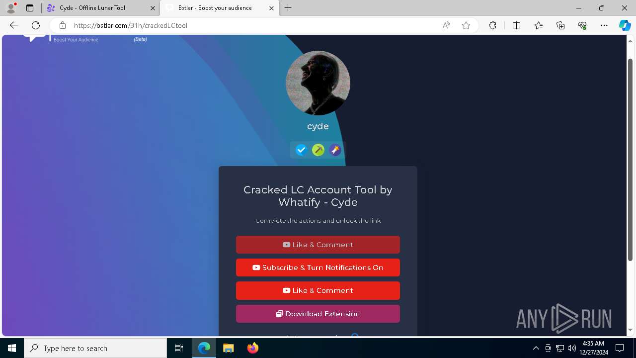 Malware analysis https://cyde.xyz/offline-lunar-tool Malicious activity | ANY.RUN - Malware ...