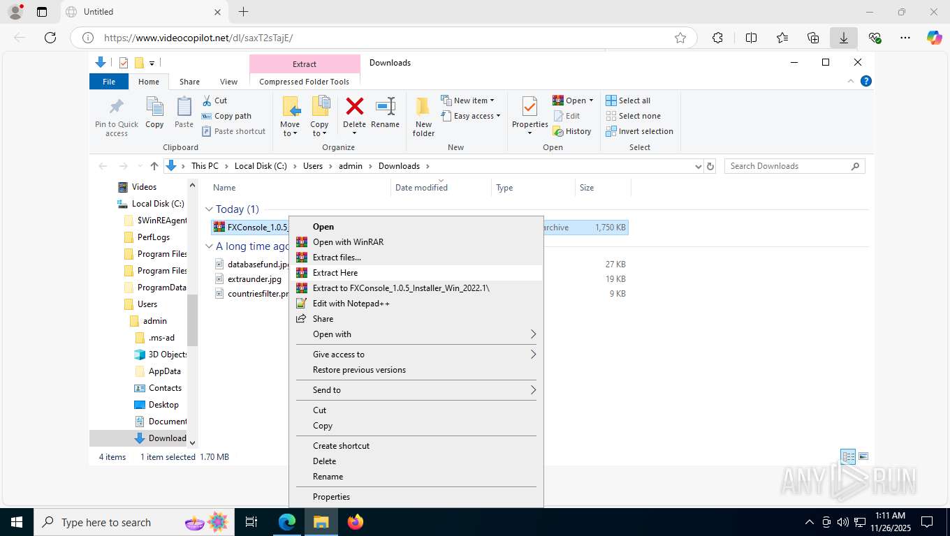 Analysis https://www.videocopilot.net/dl/saxT2sTajE/ Malicious activity ...