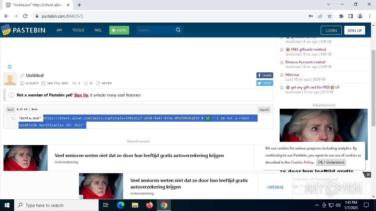 Analysis https://pastebin.com/BARsTv7j Malicious activity - Interactive analysis ANY.RUN