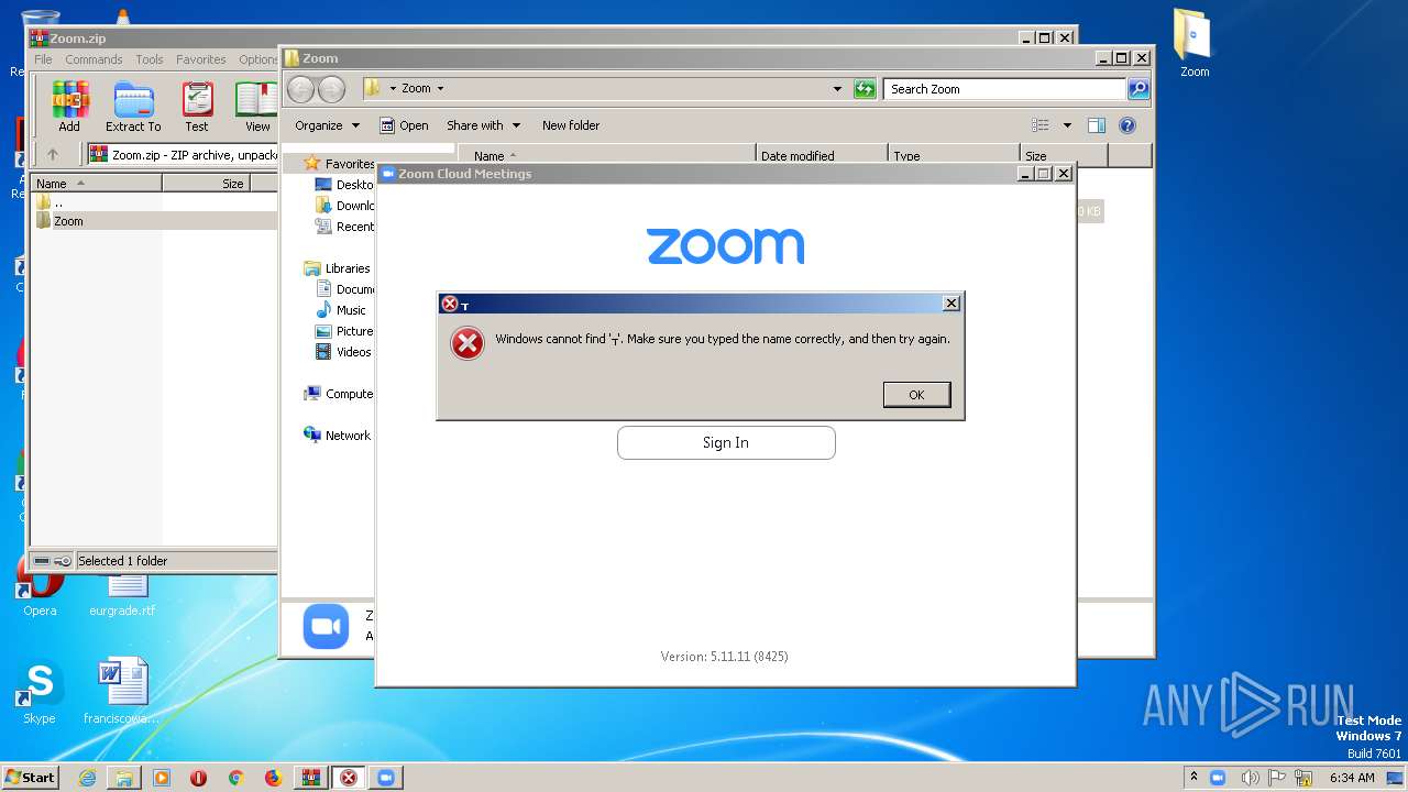 Analysis Zoom.zip (MD5: 8B07C2E1D99A6E43FB29C4B1A23BC743) Malicious ...