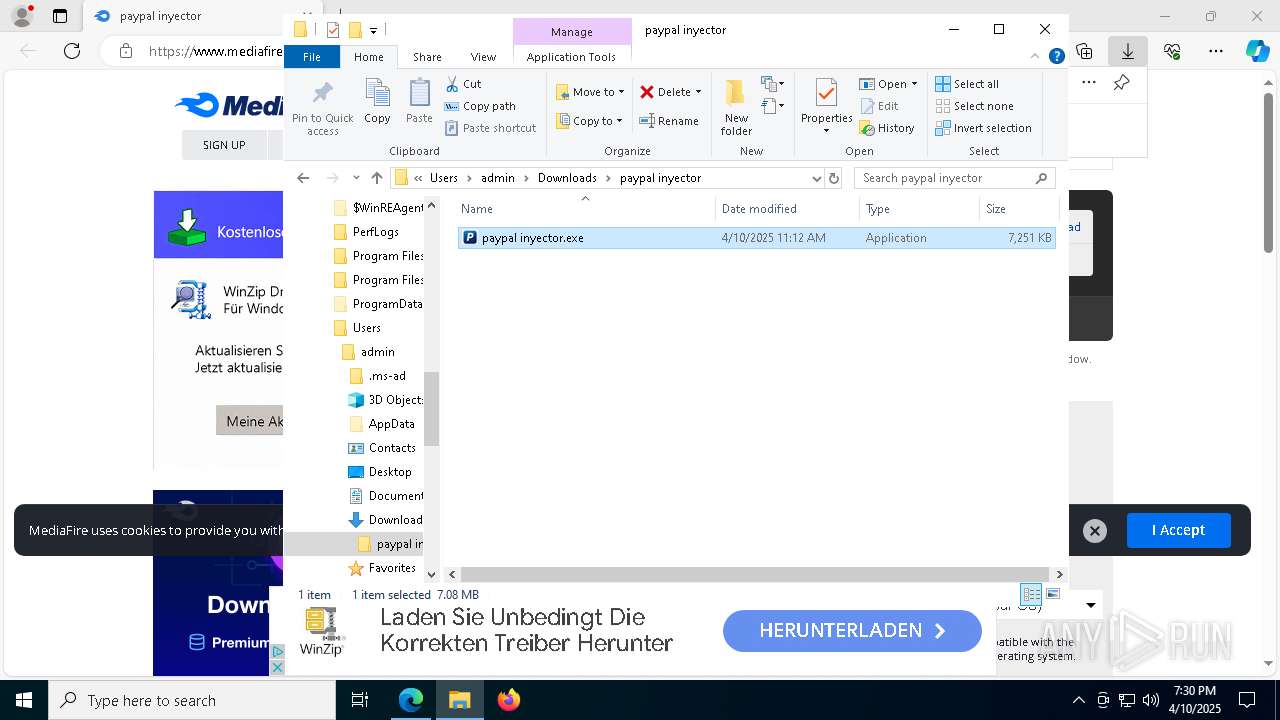 Analysis https://www.mediafire.com/file/1a7ilbn0p6uz4qj/paypal_inyector.rar/file Malicious ...