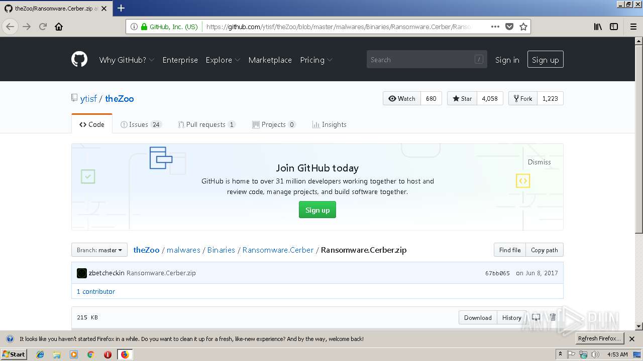 Malware analysis https://github.com/ytisf/theZoo/blob/master/malwares/Binaries/Ransomware.Cerber ...