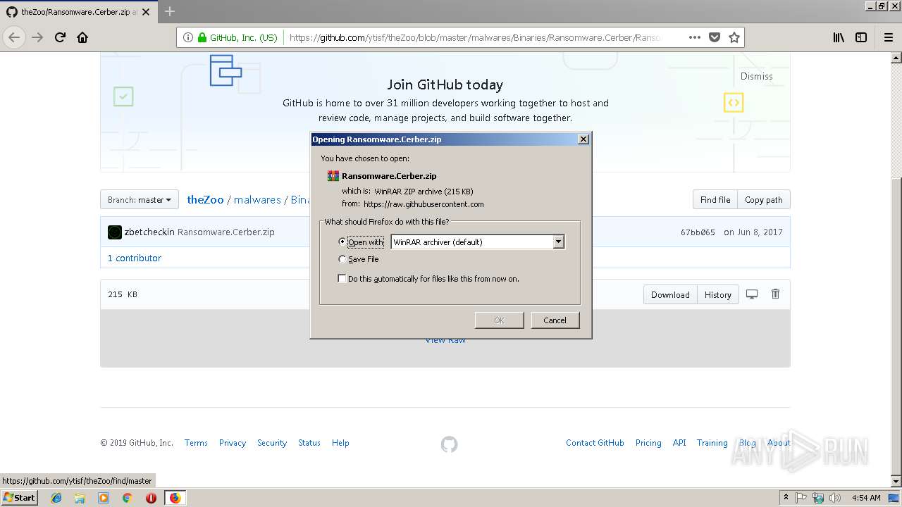 Malware analysis https://github.com/ytisf/theZoo/blob/master/malwares/Binaries/Ransomware.Cerber ...