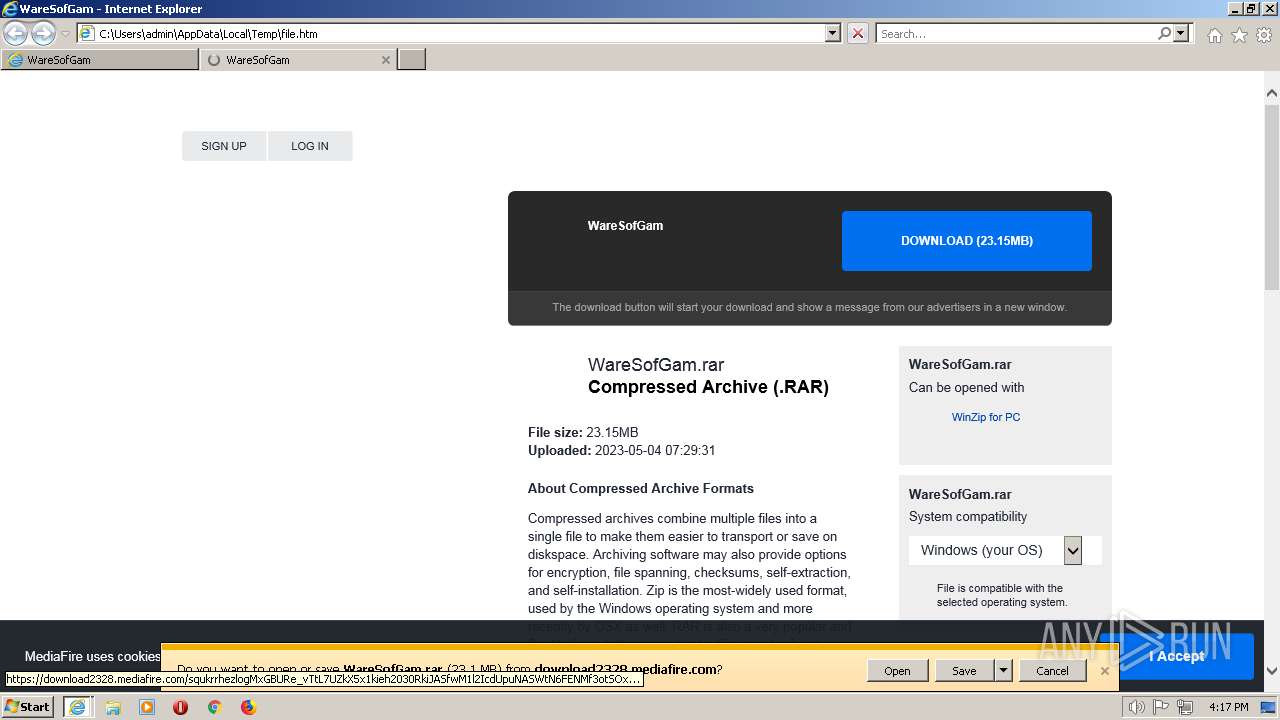 Analysis https://www.mediafire.com/file/i588uaec2ie6a78/WareSofGam.rar/file Malicious activity ...