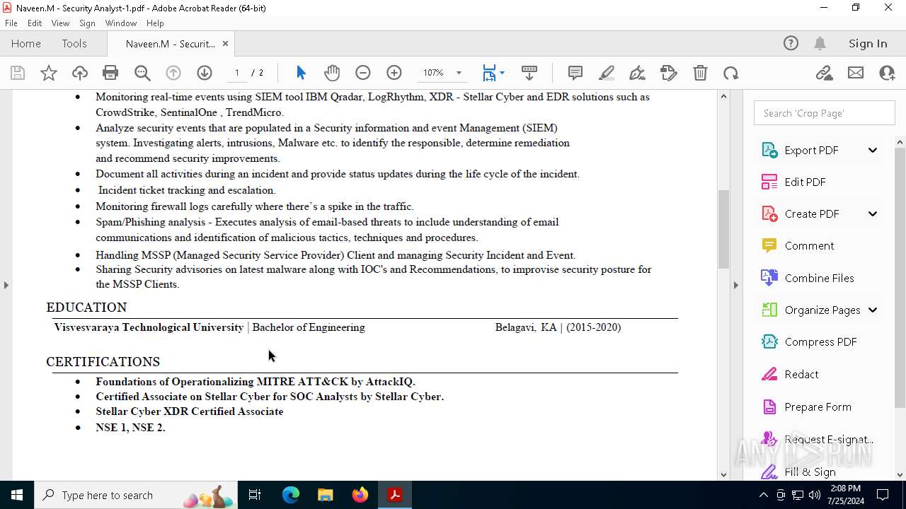 Analysis Naveen.M - Security Analyst-1.pdf (MD5: D5BC60A34BD984C3B918C1BF2CF6F3C1) No threats ...
