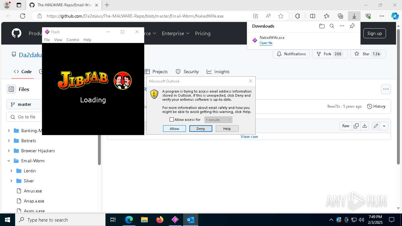 Malware analysis https://github.com/Da2dalus/The-MALWARE-Repo/blob/master/Email-Worm/NakedWife ...