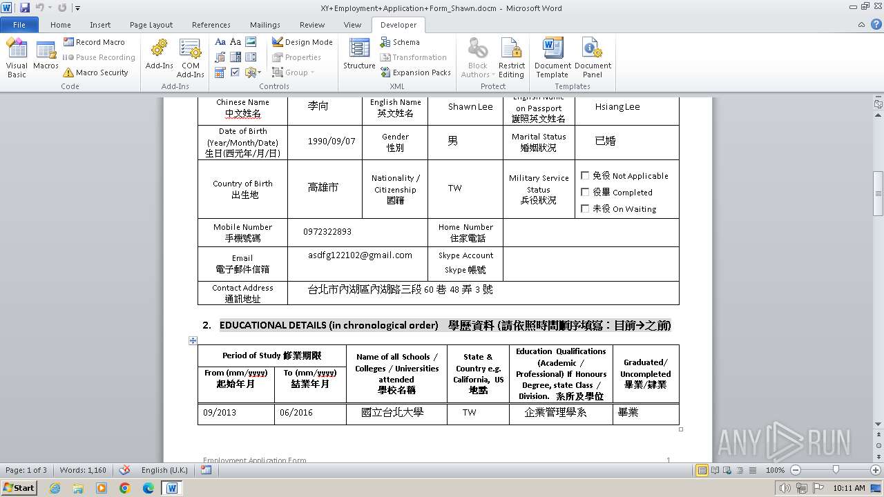 Malware analysis XY+Employment+Application+Form_Shawn.docm No threats ...