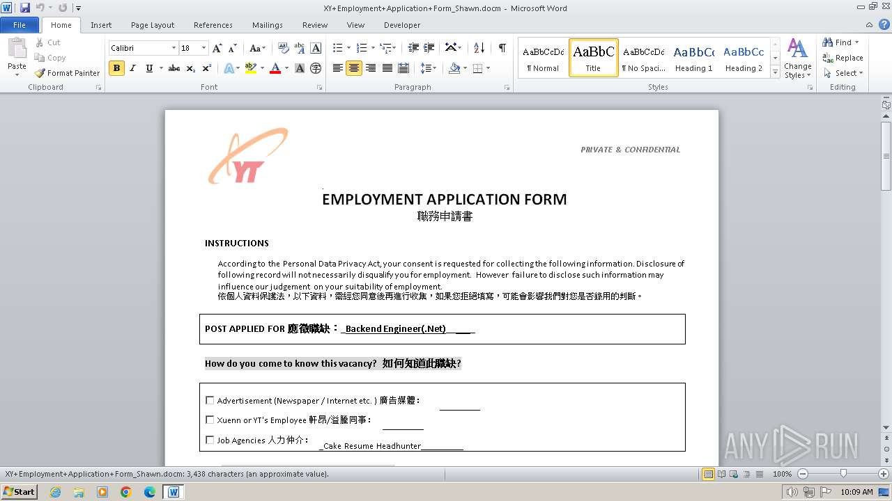 Malware analysis XY+Employment+Application+Form_Shawn.docm No threats ...