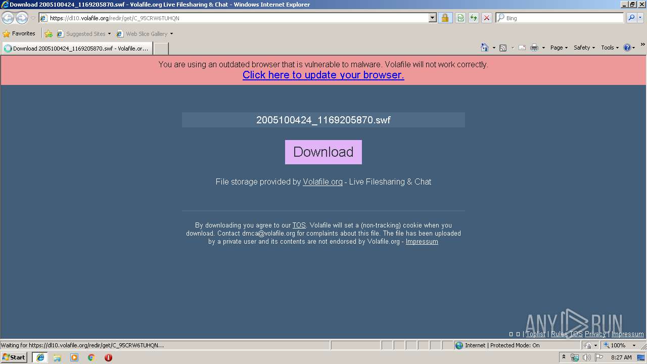 Malware analysis https://volafile.org/get/C_95CRW6TUHQN/2005100424_1169205870.swf No threats ...