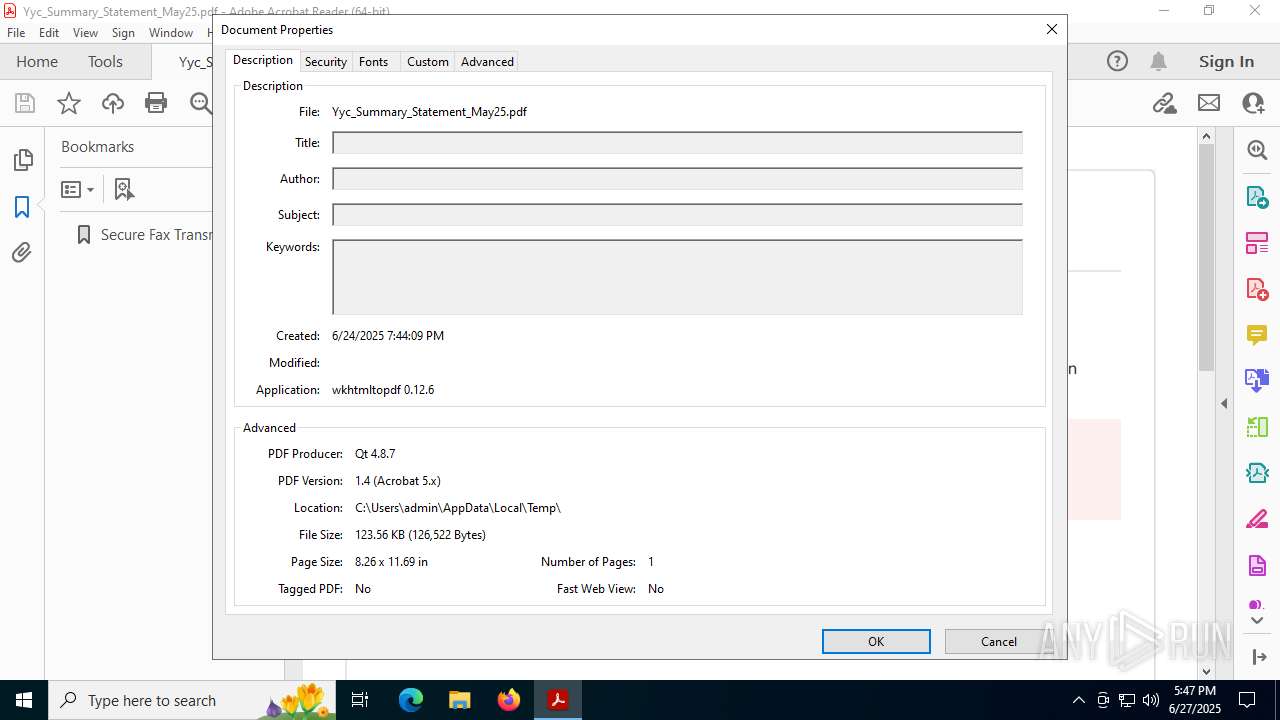 Analysis Yyc_Summary_Statement_May25.pdf (MD5: 6F73D8E922B70F01A903EA0413094C59) Malicious ...