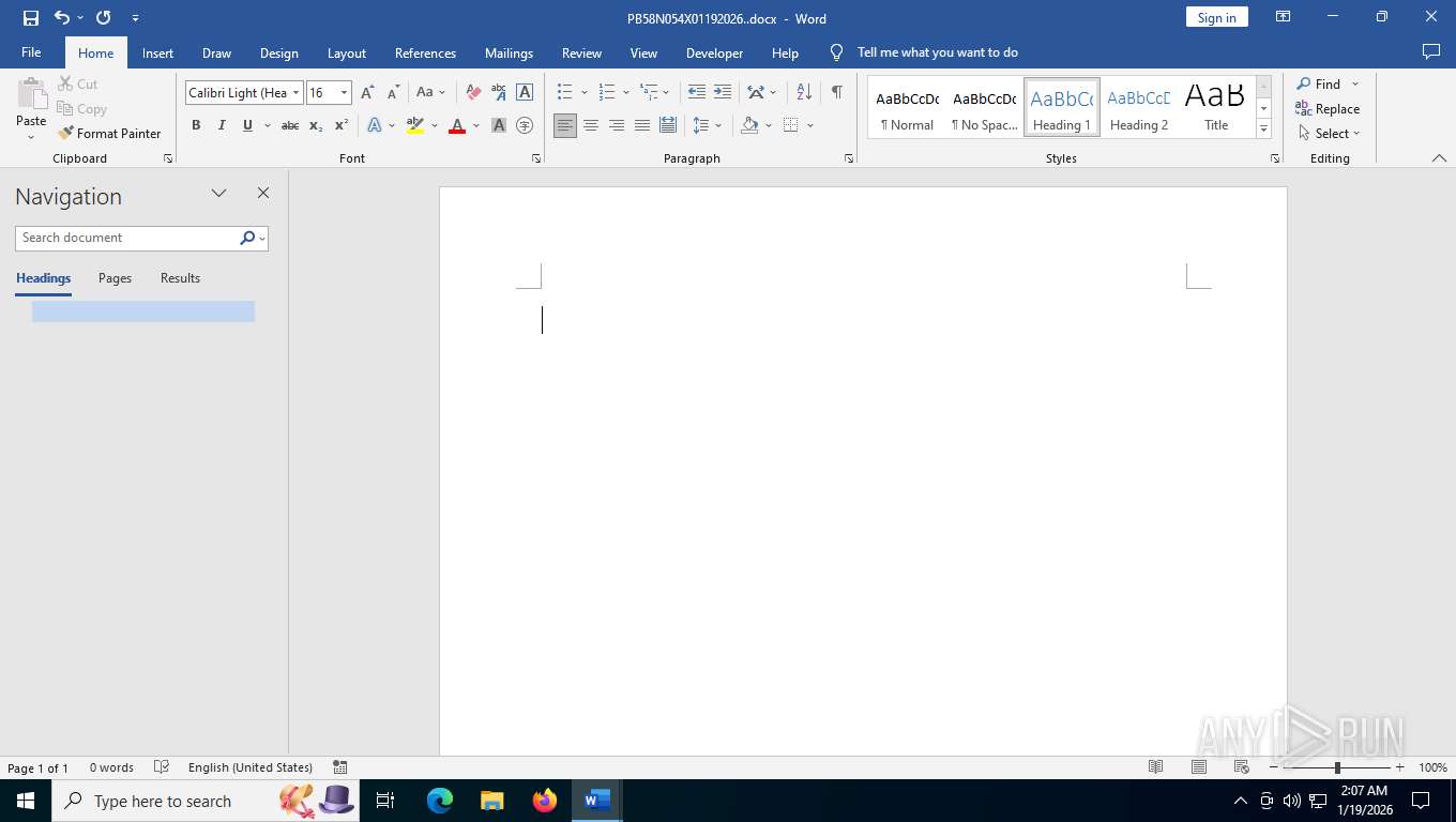 Malware analysis PB58N054X01192026..docx No threats detected | ANY.RUN ...