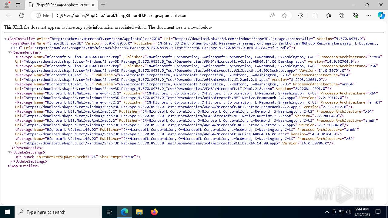 Analysis Shapr3D.Package.appinstaller (MD5: 5E30BDF9E75D4F450C6E123A7036FFFE) No threats ...