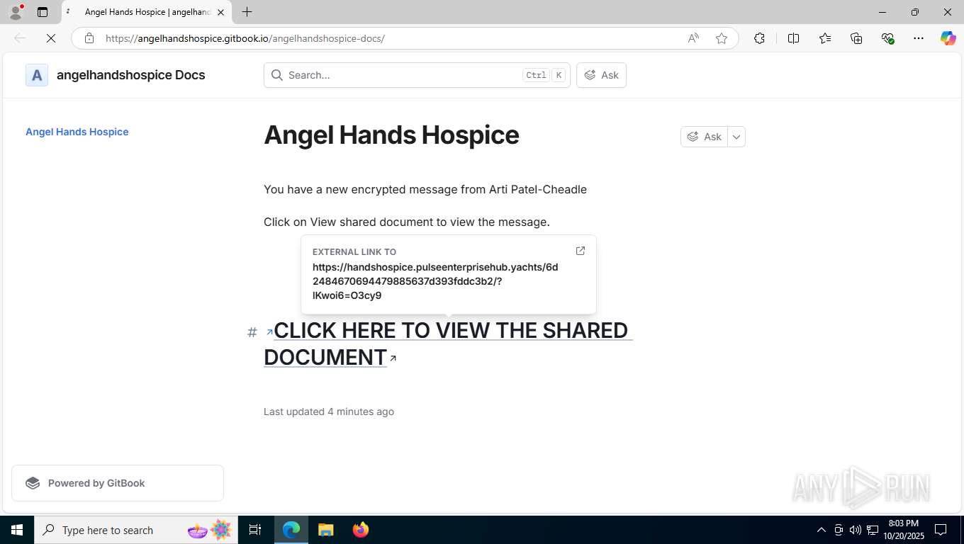 Analysis https://angelhandshospice.gitbook.io/angelhandshospice-docs/ Malicious activity ...