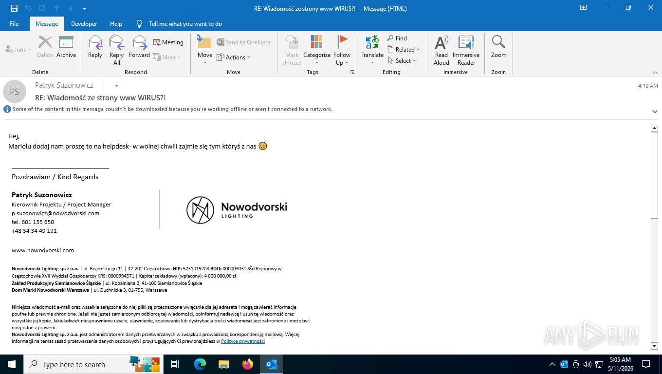 Malware analysis RE_ Wiadomość ze strony www WIRUS_!.msg No threats ...