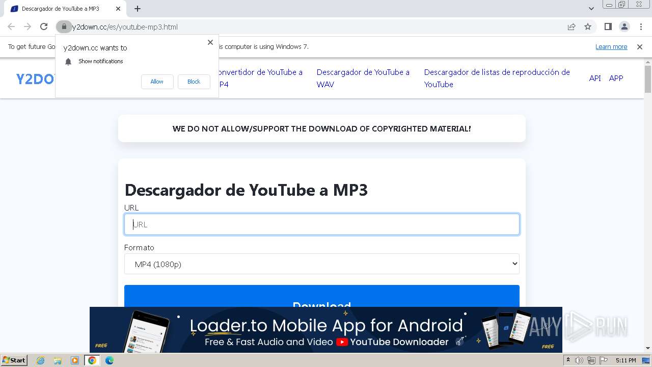 Analysis https://y2down.cc/es/youtube-mp3.html Malicious activity ...
