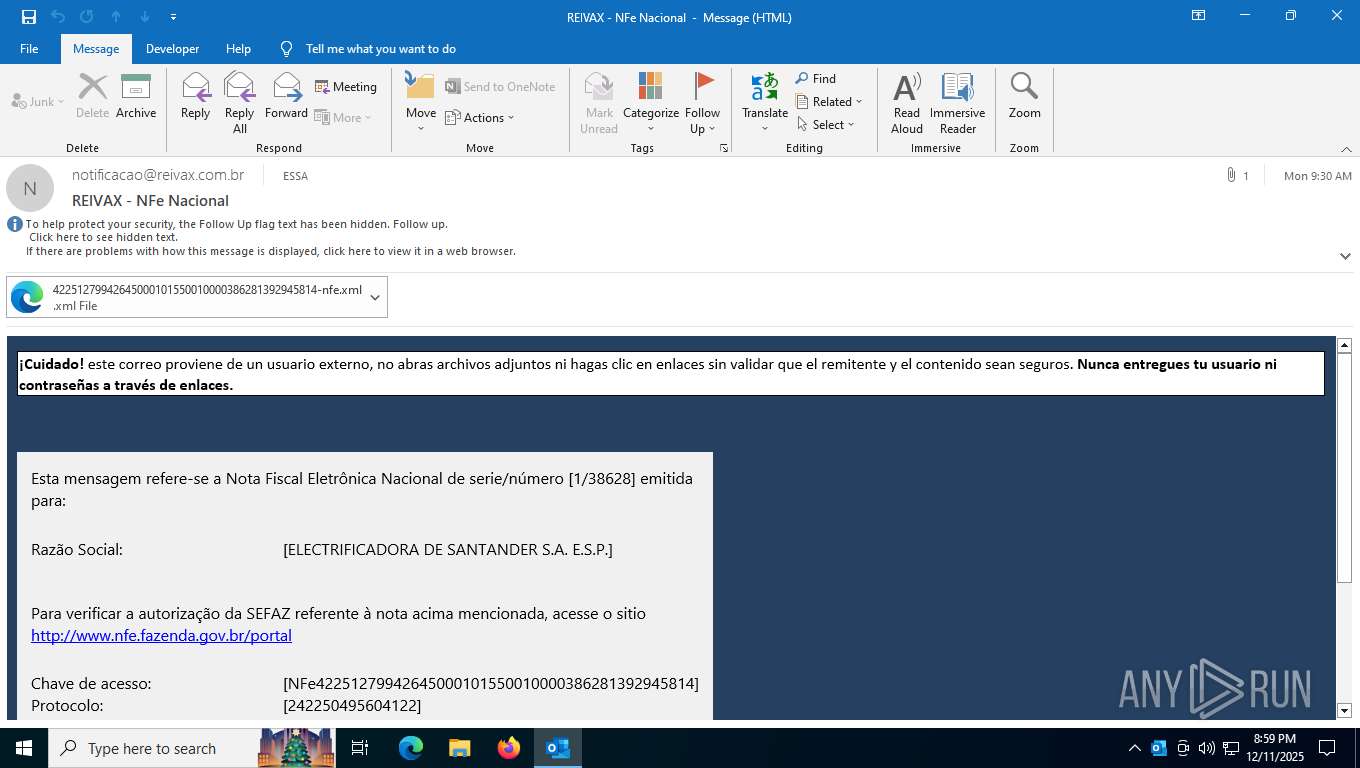 Malware analysis REIVAX - NFe Nacional.msg Suspicious activity | ANY ...