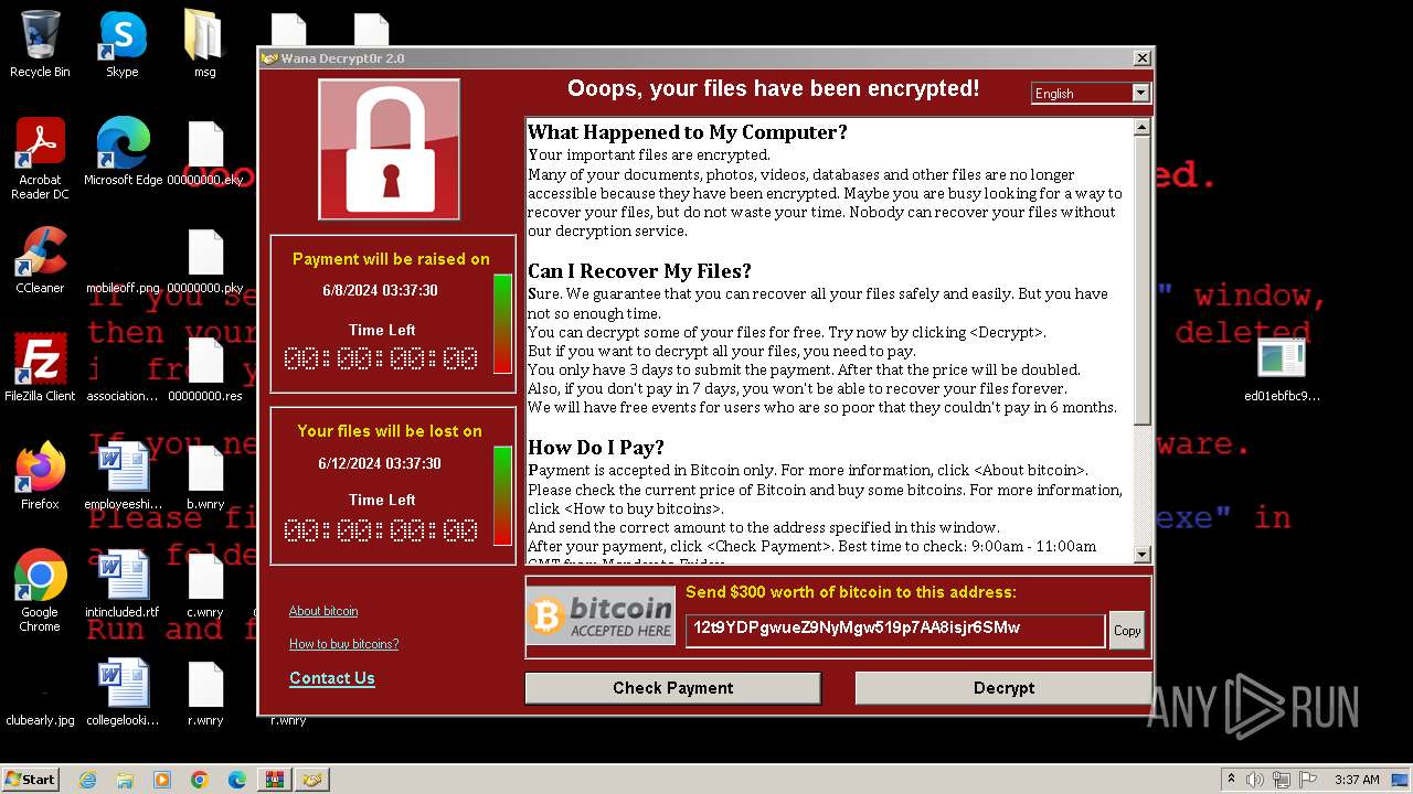 Analysis Ransomware.WannaCry.zip (MD5: EFE76BF09DABA2C594D2BC173D9B5CF0) Malicious activity ...