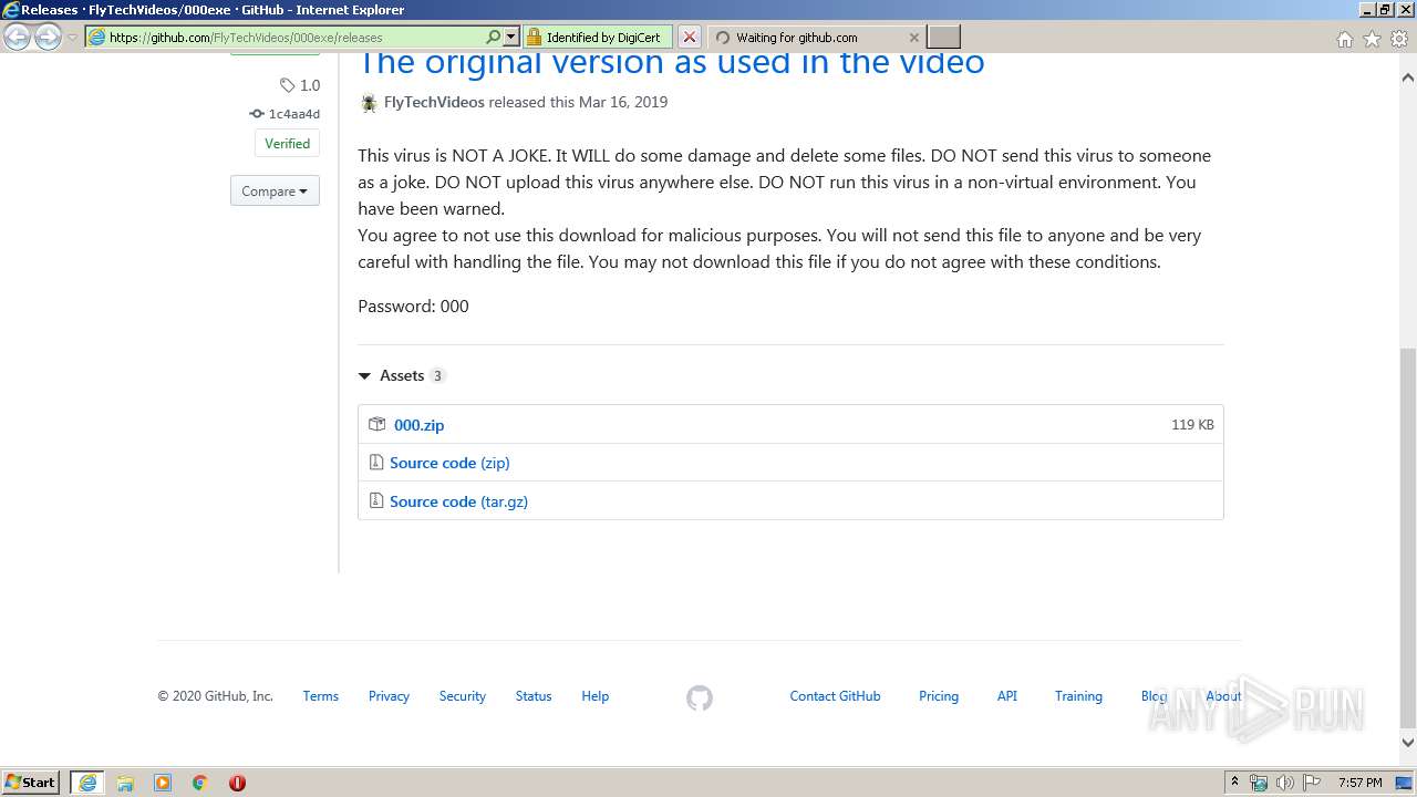 https://github.com/FlyTechVideos/000exe/releases | ANY.RUN - Free Malware Sandbox Online