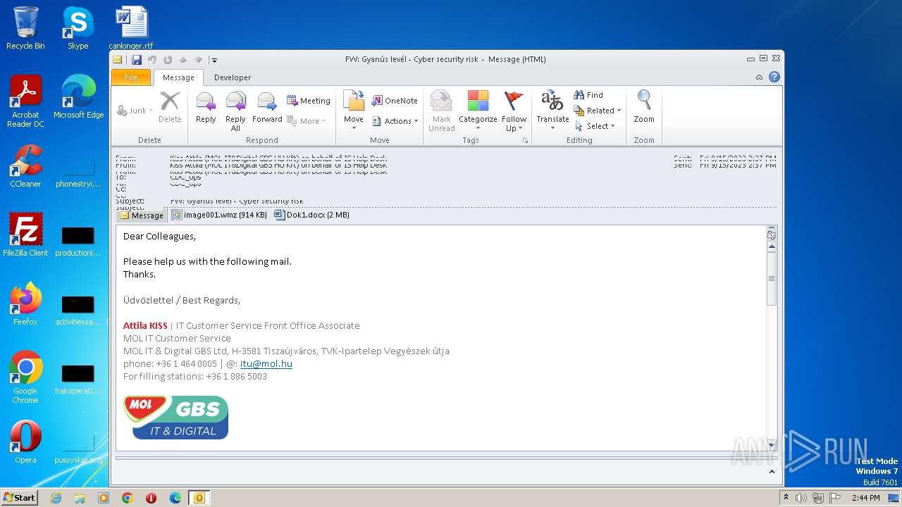 Malware analysis FW_ Gyanús levél - Cyber security risk.msg Malicious activity | ANY.RUN ...