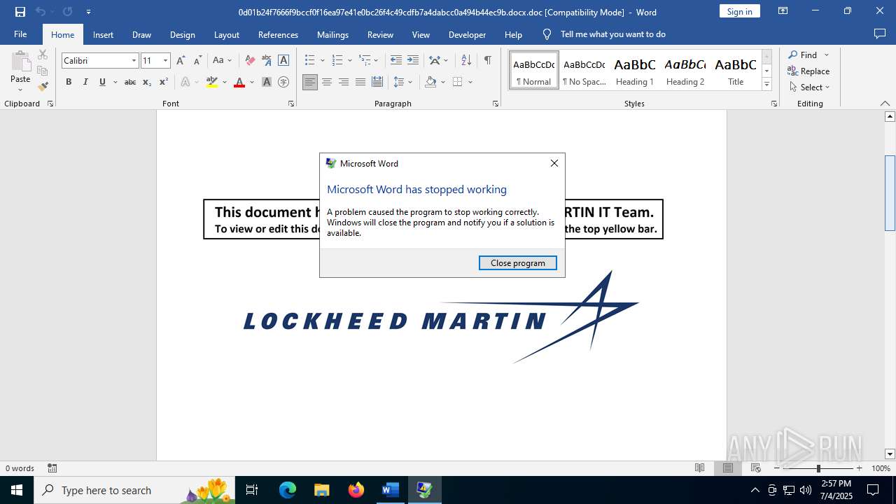 Malware analysis 0d01b24f7666f9bccf0f16ea97e41e0bc26f4c49cdfb7a4dabcc0a494b44ec9b.docx Malicious ...