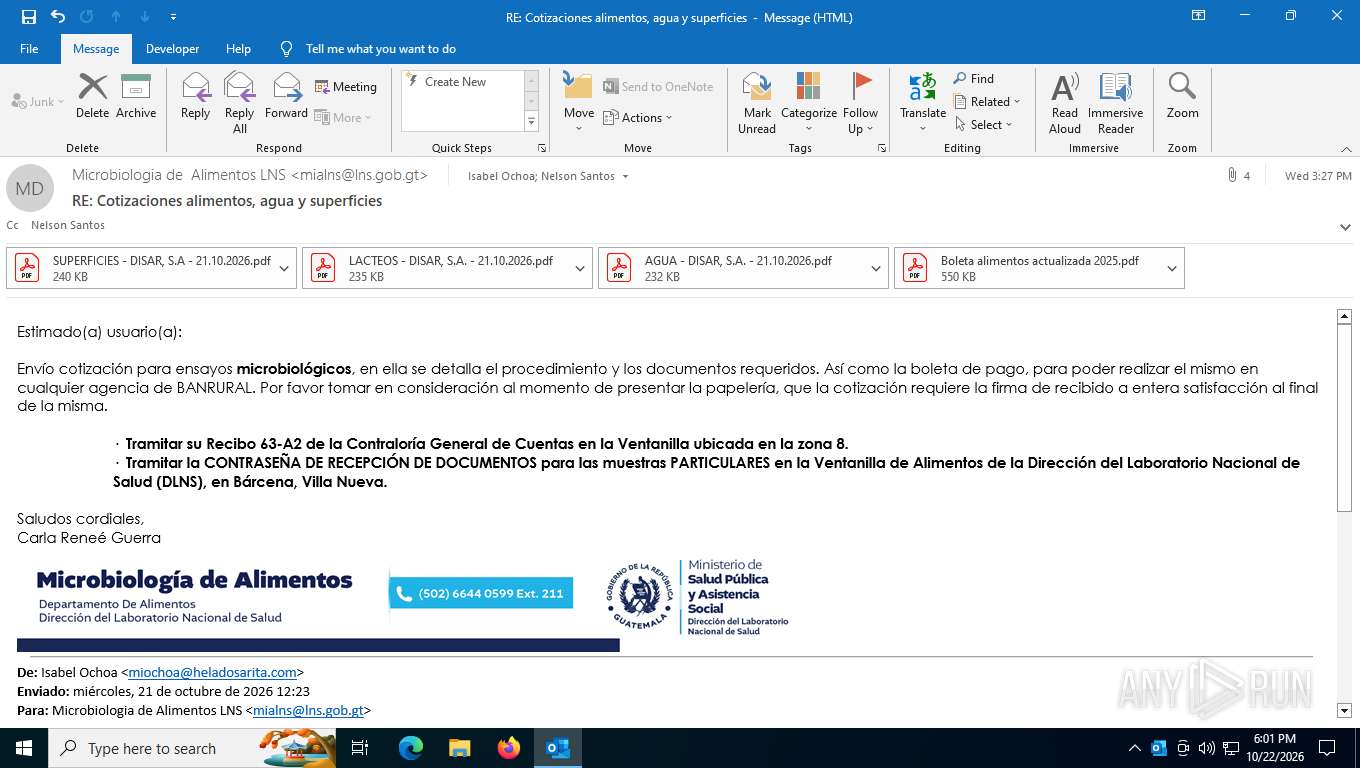 Malware analysis RE_ Cotizaciones alimentos, agua y superficies.eml No ...