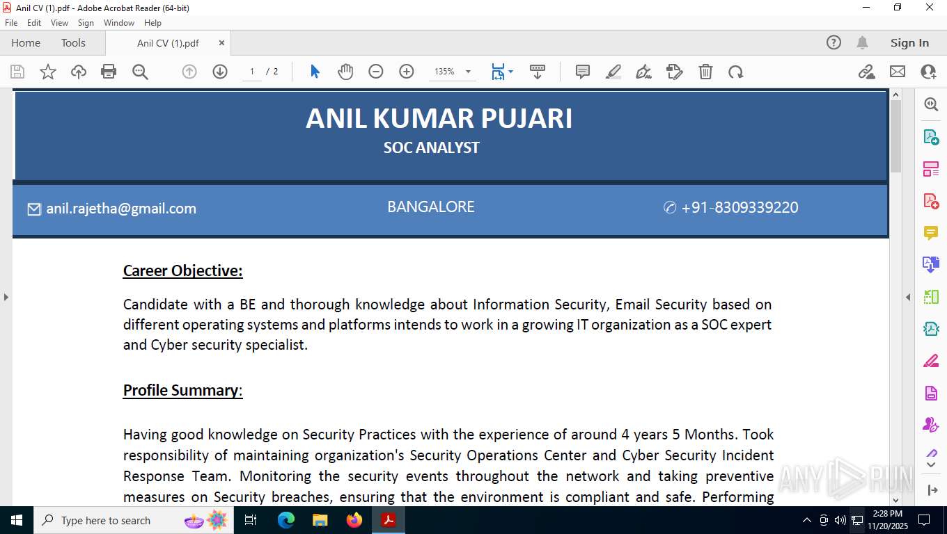 Malware analysis Anil CV (1).pdf No threats detected | ANY.RUN - Malware Sandbox Online
