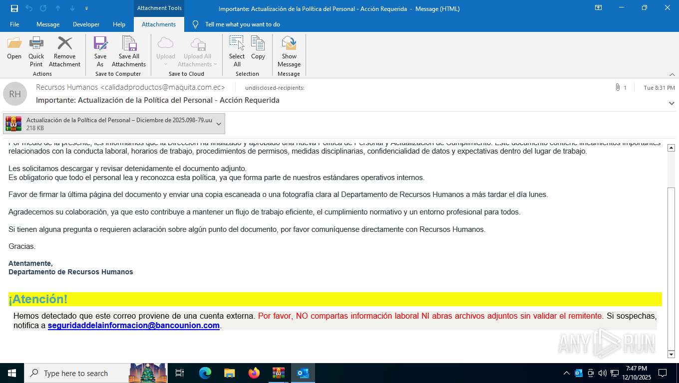 Malware analysis Mensajes en cuarentena (11).zip Malicious activity ...