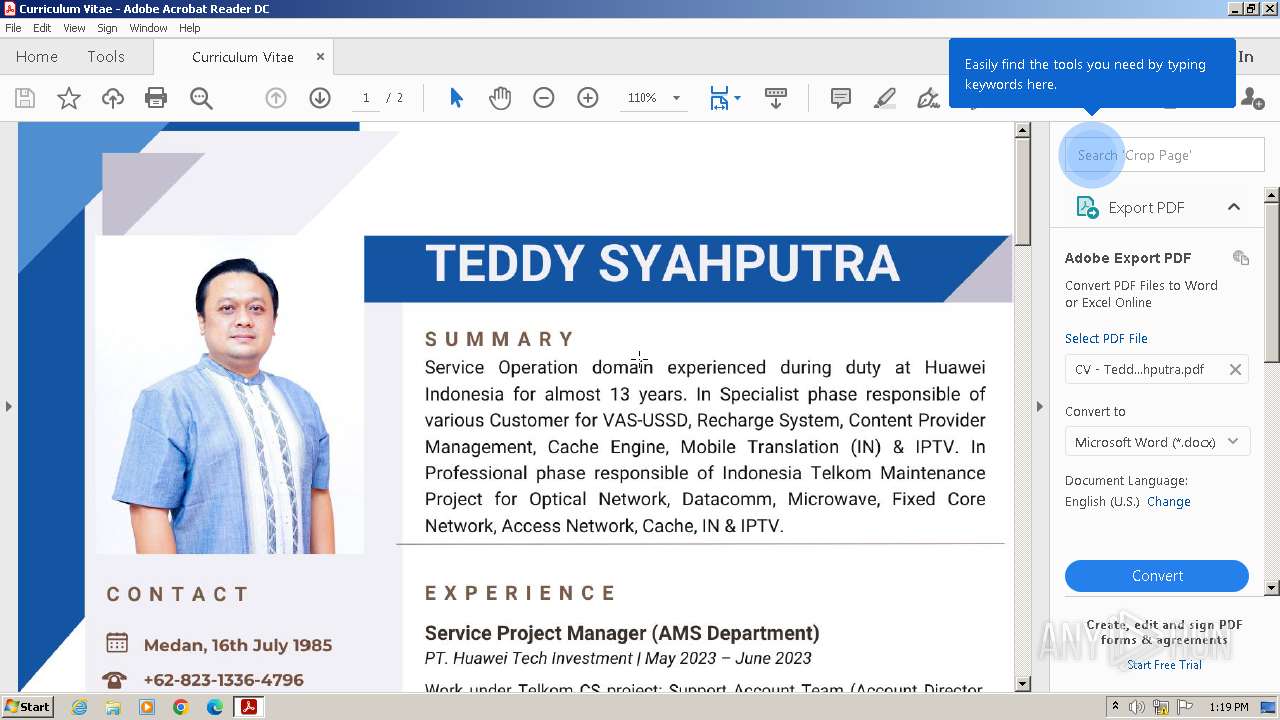 Malware analysis CV - Teddy_Syahputra.pdf No threats detected | ANY.RUN ...