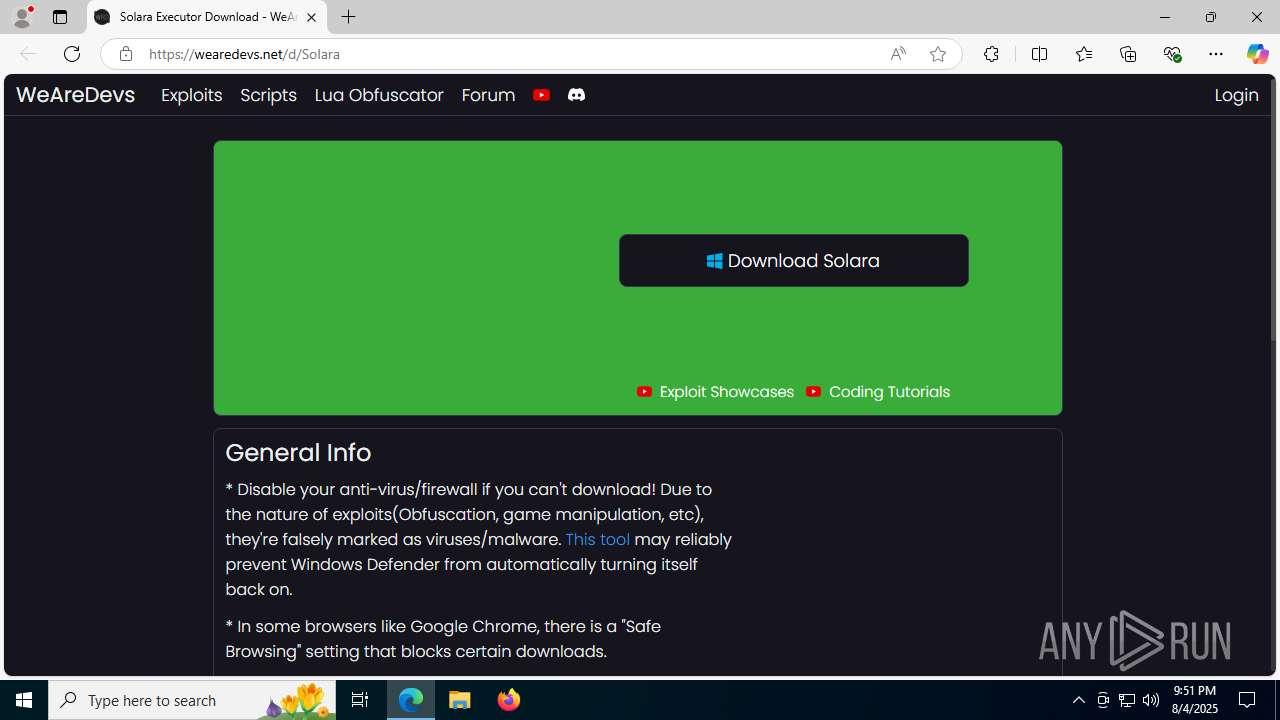 Malware analysis https://wearedevs.net/d/Solara Malicious activity ...