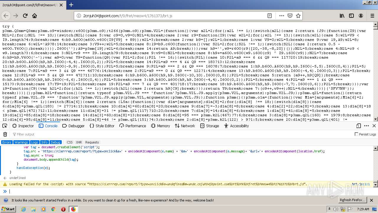 Analysis http://2cnjuh34jbpoint.com/t/9/fret/meow4/1761373/brt.js No threats detected ...