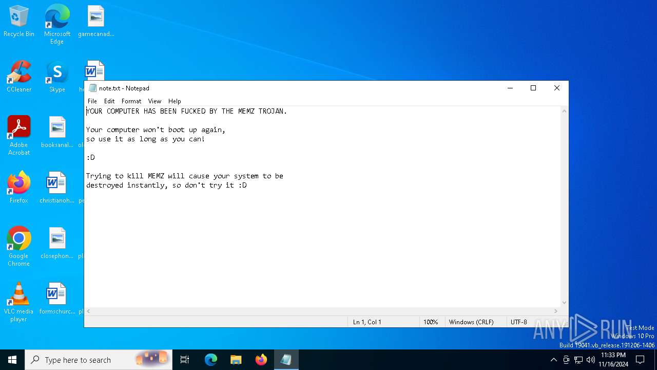 Malware analysis MEMZ.bat Malicious activity | ANY.RUN - Malware ...