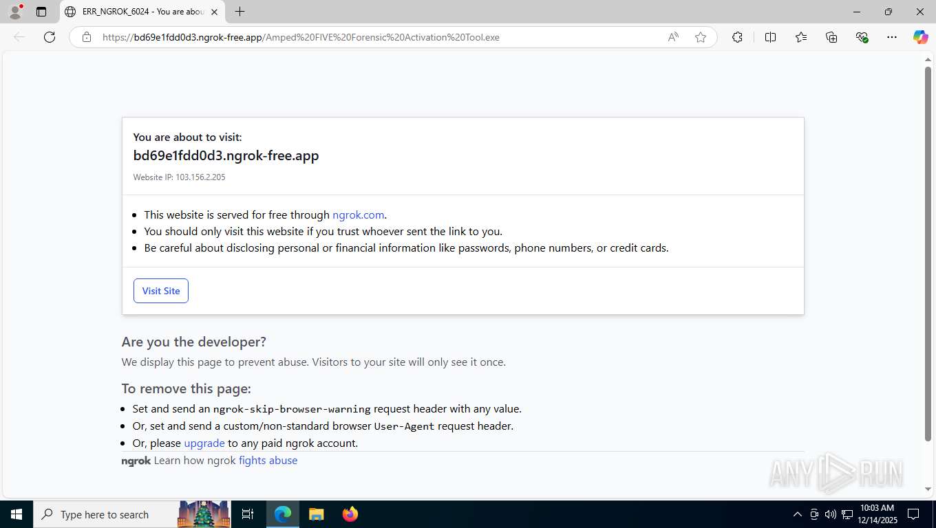 Malware analysis https://bd69e1fdd0d3.ngrok-free.app/Amped%20FIVE%20Forensic%20Activation%20Tool ...