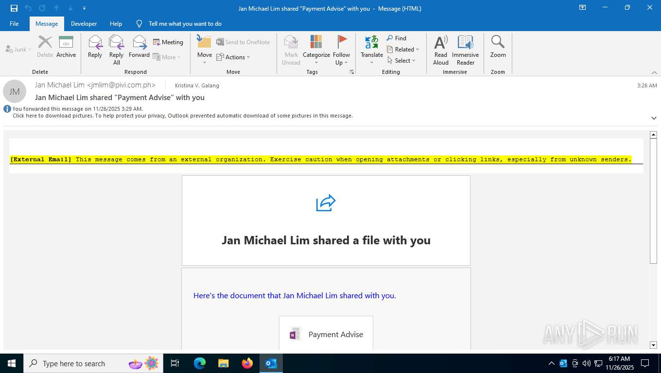 Malware analysis Jan Michael Lim shared Payment Advise with you.msg No ...